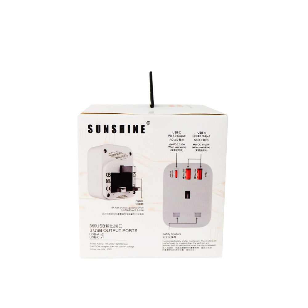 Sunshine MPC-3一位三腳萬能插蘇連Type-C及USB連接埠